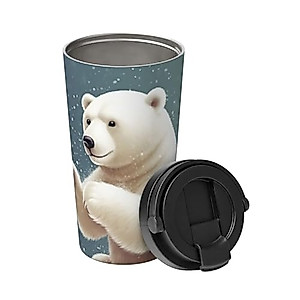 GTKSYNVE Reusable Coffee Mug with Lid and Handle, Funny Polar Bear Playing Snowball Tumbler for Hot & Cold Drinks 16oz Stainless Steel Insulated Coffee Tumblers Double Wall Vacuum Thermal Cup