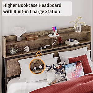 IRONCK Full Size Bed Frame with Bookcase Headboard with Charging Station, Mattress Foundation/No Box Spring Needed, Non-Slip Without Noise, Rustic Maple
