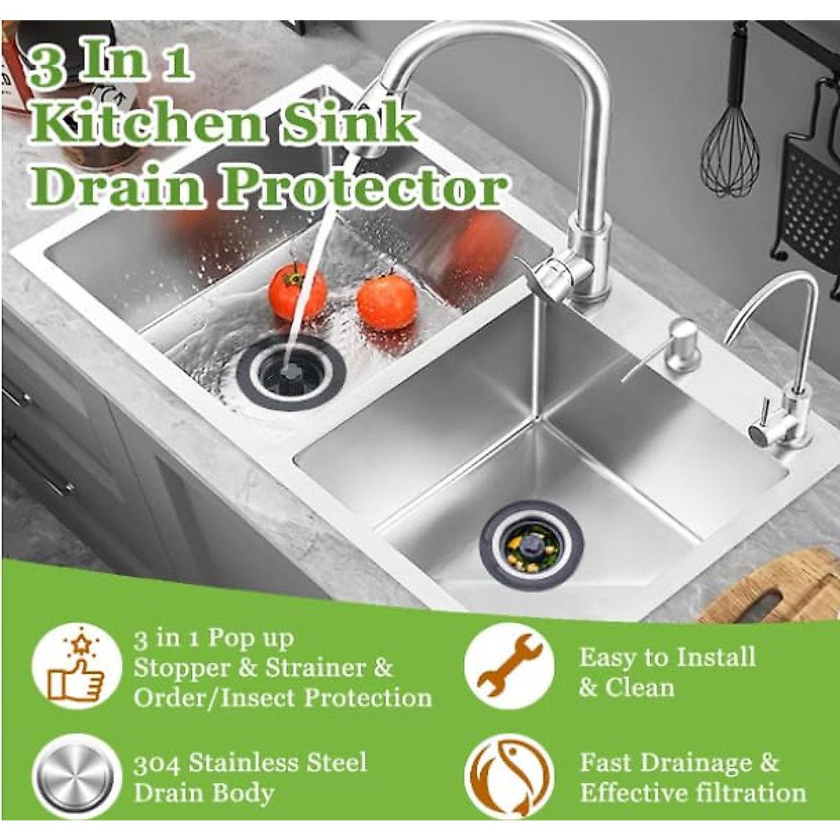 3-in-1 Upgarded Kitchen Sink Drain Stopper &Stainer Combo - Pop-Up Anti-Clog Basket for Fast Drainage , Includes 3 Reuseable Filters