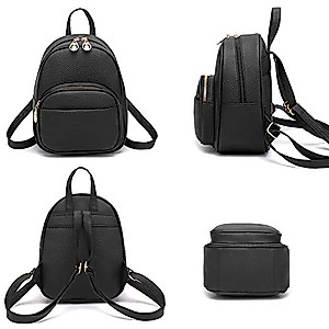 Small Leather Backpack Mini Cute Casual Daypack Fashion Zippered Pockets Crossbody Bags for Women Girl (Black)