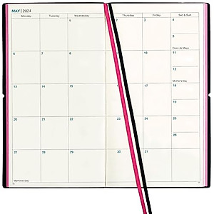 2024 Planner/Pocket Calendar 4"x7": 14 Months (Nov 2023 - Dec 2024) Weekly, Monthly Calendars, Leather Material, Elastic Closure, Decorative Stitching, Page Finder Ribbons and Notes Pages (Pink/Black)