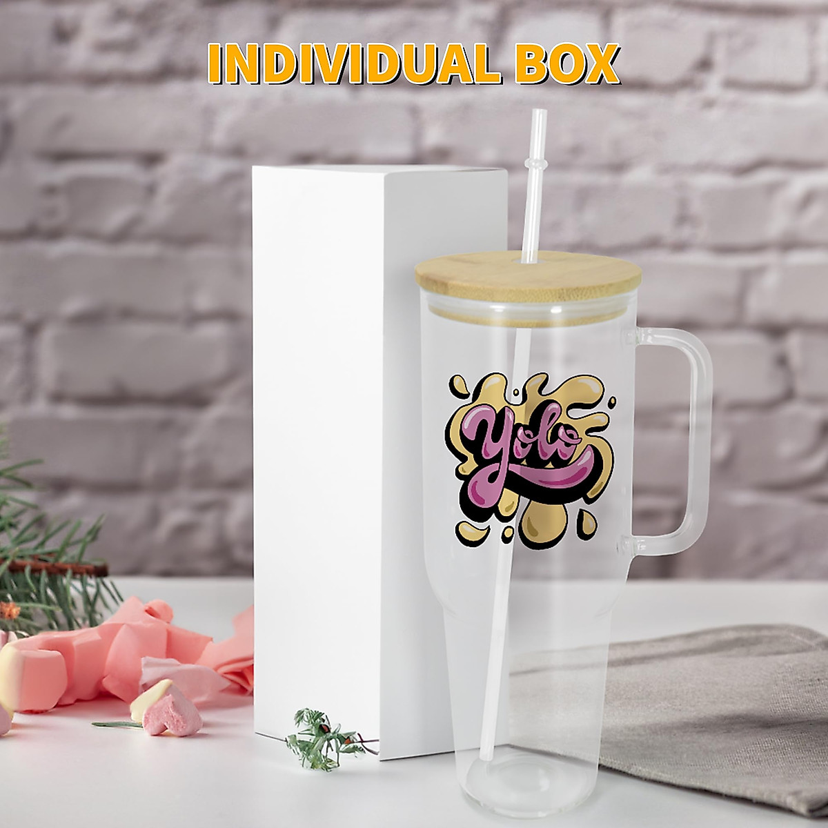 AGH 40oz Sublimation Glass Tumbler with Handle, 4pcs Clear Sublimation Glass Cups Blanks with Bamboo Lid & Plastic Straw, Reusable Iced Coffee Cup Fits in Car Cup Holder