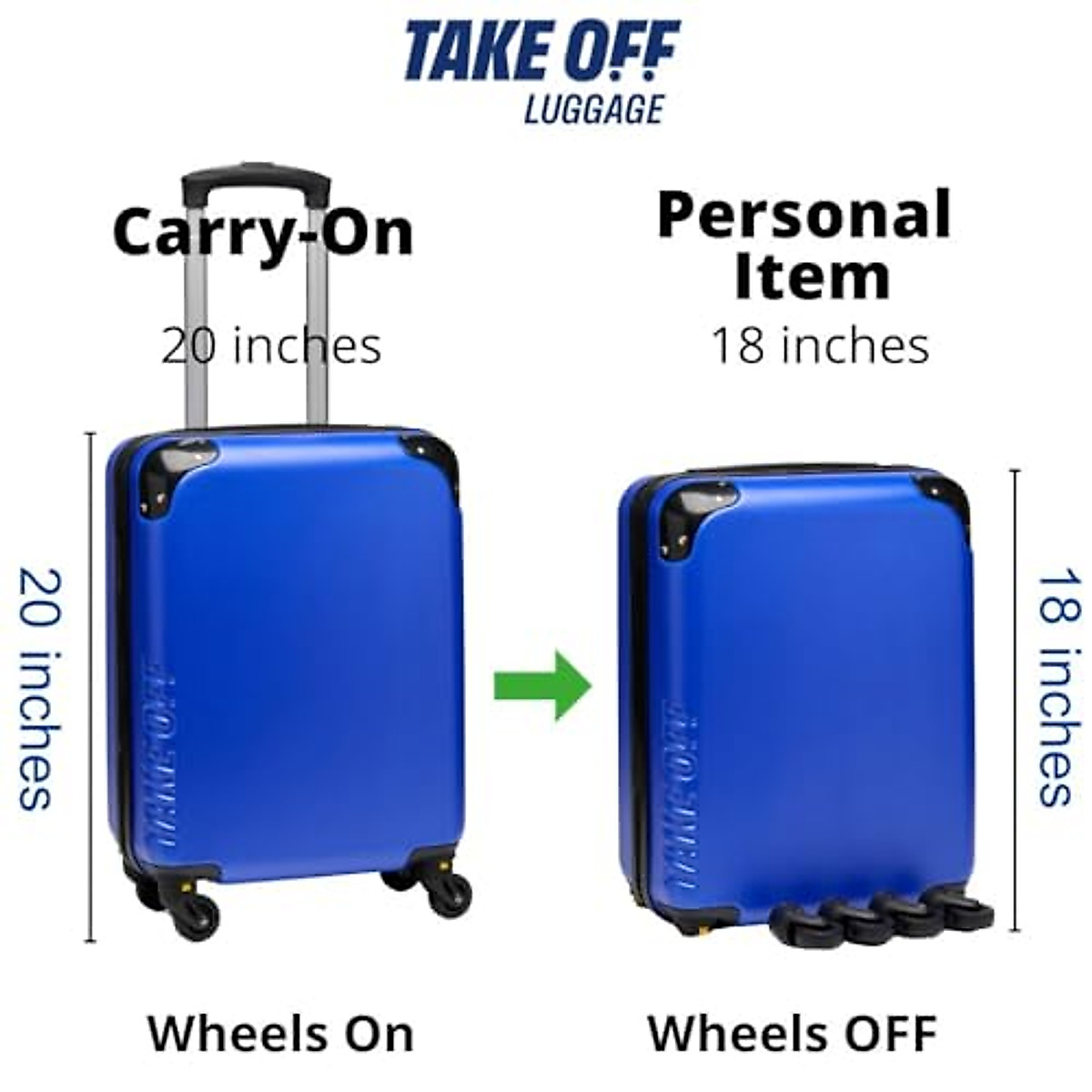 Take OFF Luggage 18 Inch Personal Item Removable Wheels Suitcase 2.0 Converts from Carry-On into Under the Seat Luggage and fits Sizers 18x14x8 Inches