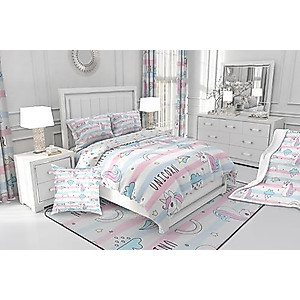 Feelyou Cute Unicorn Bedding Set Twin Size Pink Blue Stripe Duvet Cover for Kids Boys Girls Teens Rainbow Cloud Comforter Cover Set Kawaii Bedspread Cover 2Pcs Zipper