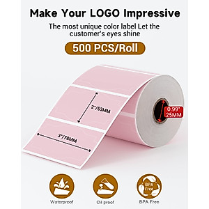 Phomemo Pink Thermal Labels for Shipping Label Printer for Small Business Supplies - 3" x 2" Commercial Grade Round Stickers Roll for Custom Stickers Personalized & Business - 500 Pink Labels/Roll