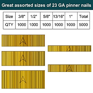 Toicann 23 Gauge Pin Nails (1",13/16",5/8",1/2",3/8") 5000 pcs Headless Pinner Nails for 23 GA Pneumatic or Electric Pinner or Pin Nail Gun, Ideal for Fine Woodworking or Trim Work