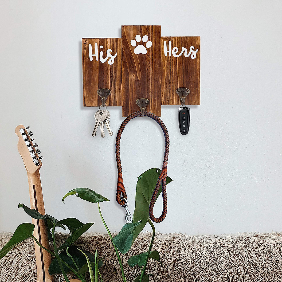 TBFM His Her Dog Key Holder – Unique 10 x 8 His and Hers Keyholder and Dog Leash Hanger with 3 His Hers Key Hooks/Paw Key Hanger for Entryway & Housewarming Gifts for Couples Key Holder for Wall