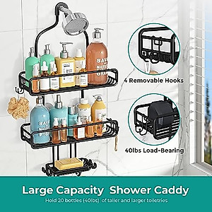 HAMITOR Adjustable Large Shower Organizer with Soap Holder - Rust Proof Bathroom Shelf Shampoo Storage Rack with 3-Tier Baskets - 4 Movable Hooks for Razor Loofah Black
