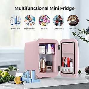 Tiastar Mini Fridge, 4 Liter /6 Cans Skincare Fridge for Bedroom, Dorm, Car, Office, 110V AC/ 12V DC Small Fridge, Thermoelectric Cooler and Warmer, Pink