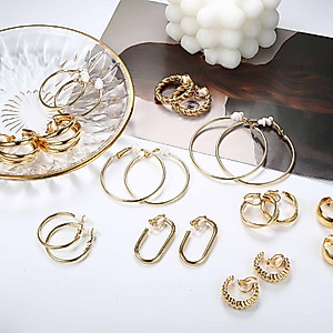 SAILIMUE 10 Pairs Gold Clip On Hoop Earring For Women 14K Gold Plated Chunky Clip Earrings No Piercing Earrings Set