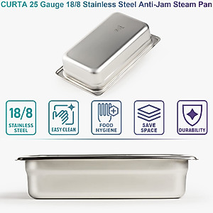 CURTA 6 Pack Anti-Jam Hotel Pans with Lids, 1/4 Size 2 1/2 Inch Deep, NSF Commercial 18/8 Stainless Steel Chafing Steam Table Food Pan with Covers