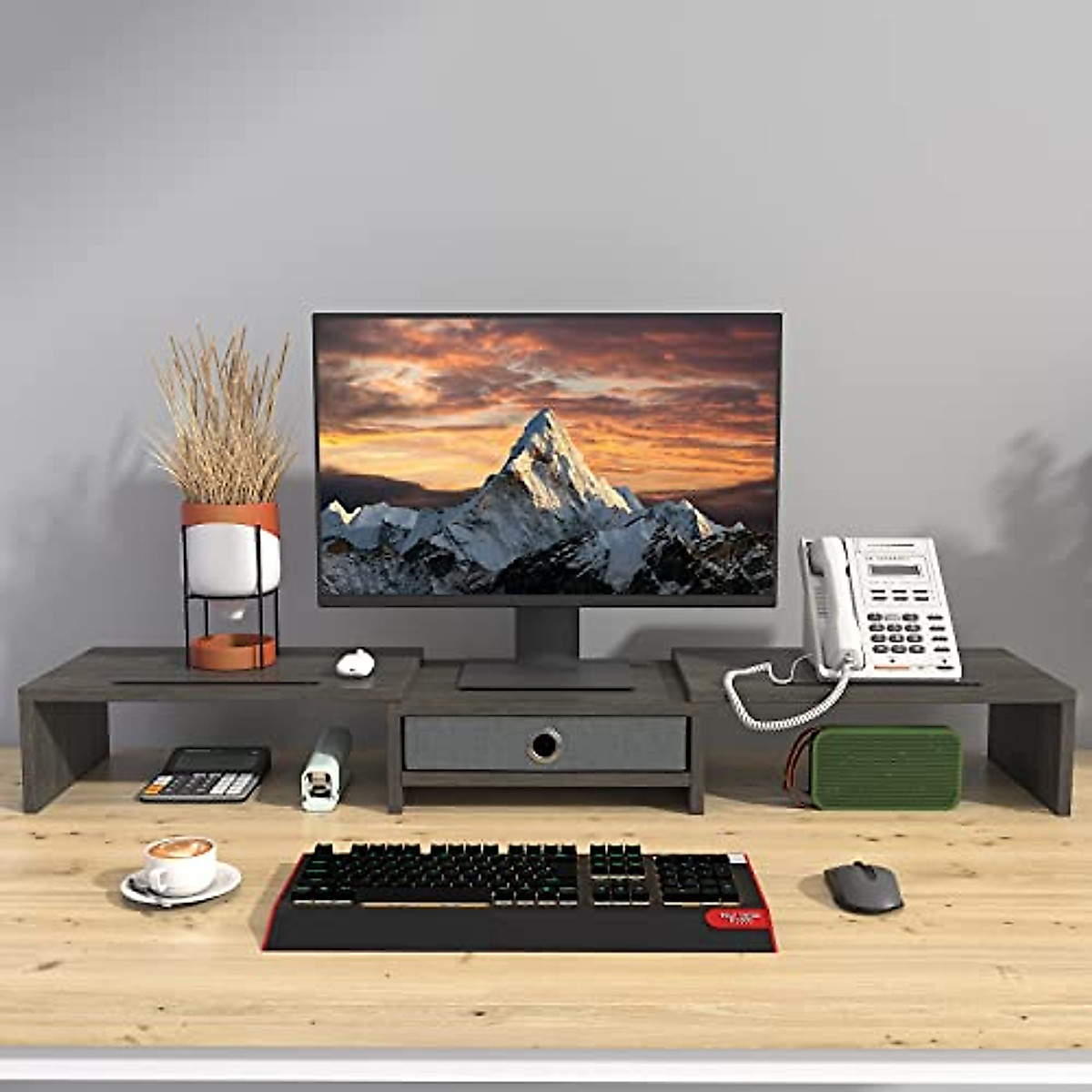 WESTREE Dual Monitor Stand Riser with Drawer, 3 Shelf Computer Monitor Riser with Adjustable Length and Angle, Desktop Monitor Stand Riser Storage Organizer for 2 Monitors