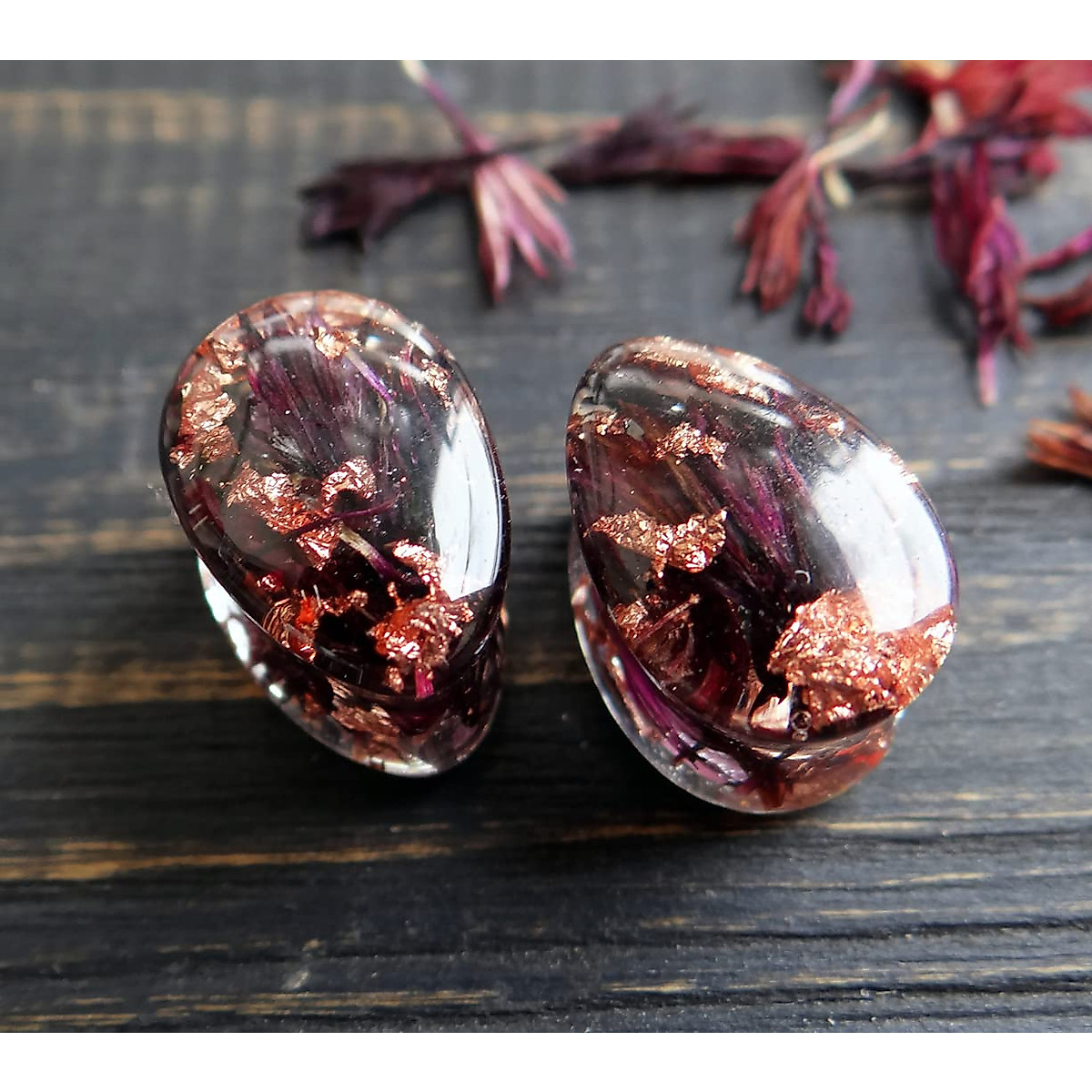 ETERNIADA Teardrop Ear gauges and Plugs Black Cornflower Plugs for Women for Men Drop Tunnels gauges with Flowers and Rose Gold Flakes (22mm / 7/8" / Pair)