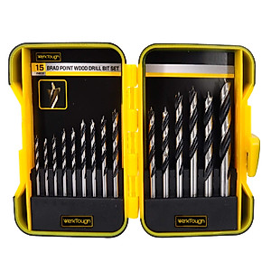 PowerTough 15Pcs Wood Drill Set Brad Point bit Set Drill bit Set Combo Drill Set in Nice Plastic Box