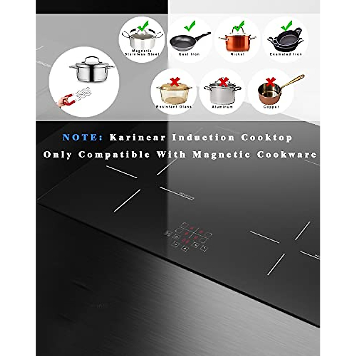 Karinear 24 Inch Induction Cooktop 4 Burner Electric Cooktop, Drop-in Induction Burner with Timer and Child Lock, Pause Function, Vitro Ceramic Glass, 220-240V, 6400W, Hard Wired(No Plug)