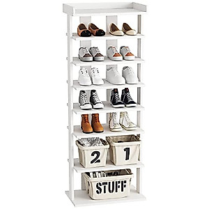 HOMEFORT 7-Tier Wood Shoe Rack, Double Rows 7-Tier Shoe Shelf, Shoe Storage Stand, Entryway Shoe Tower, Vertical Shoe Organizer Perfect for Narrow Closet, Entryway, Hallway, Bedroom in White