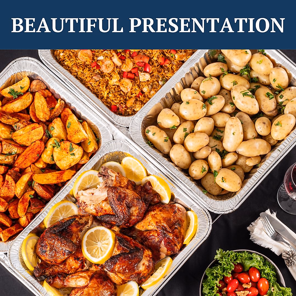 4 Full Size (For Price of 3) Disposable Buffet set with Spoons and Forks, Non-Stick Aluminum, Premium Chafing Dish Set for Events, Parties, Catering