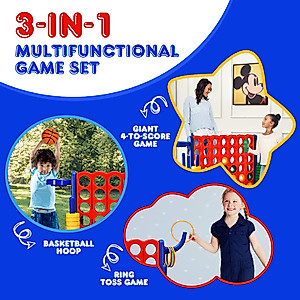 HONEY JOY Jumbo 4-to-Score Giant Game Set, 3-in-1 Indoor Outdoor Family Yard Game Set w/Basketball Hoop & Ring Toss, 42 Jumbo Rings, Quick-Release Slider, Giant 4-in-A-Row for Kids & Adults