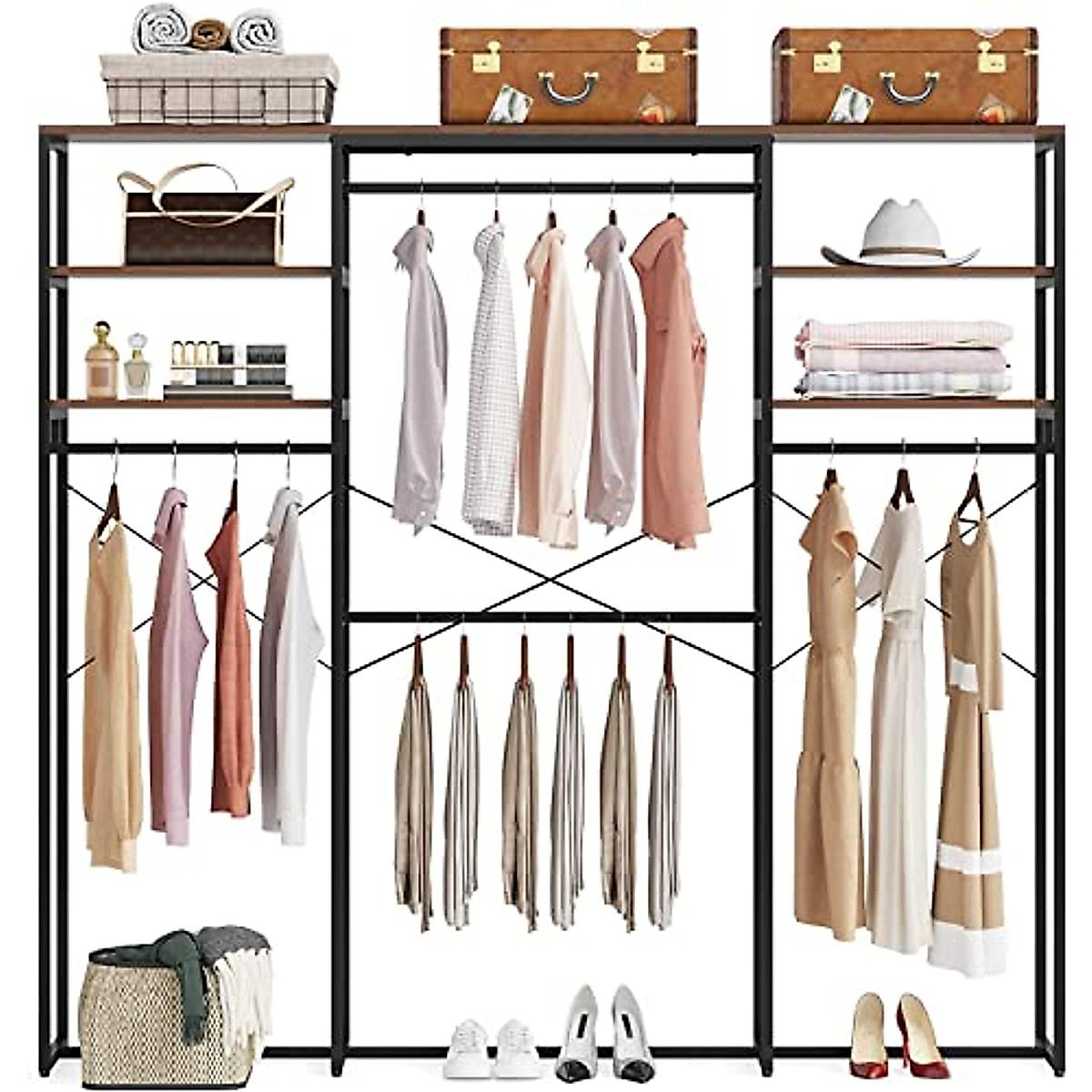LITTLE TREE Free Standing Closet Organizer, Large Heavy-duty Garment Rack with Shelves and Hanging Rods,Open Wardrobe for Bedroom,Brown