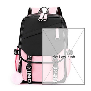 Girls Lightweight Backpack Casual USB Backpack Portable Laptop Computer Bag Durable Teens Book Bag Black and Pink(17 in)