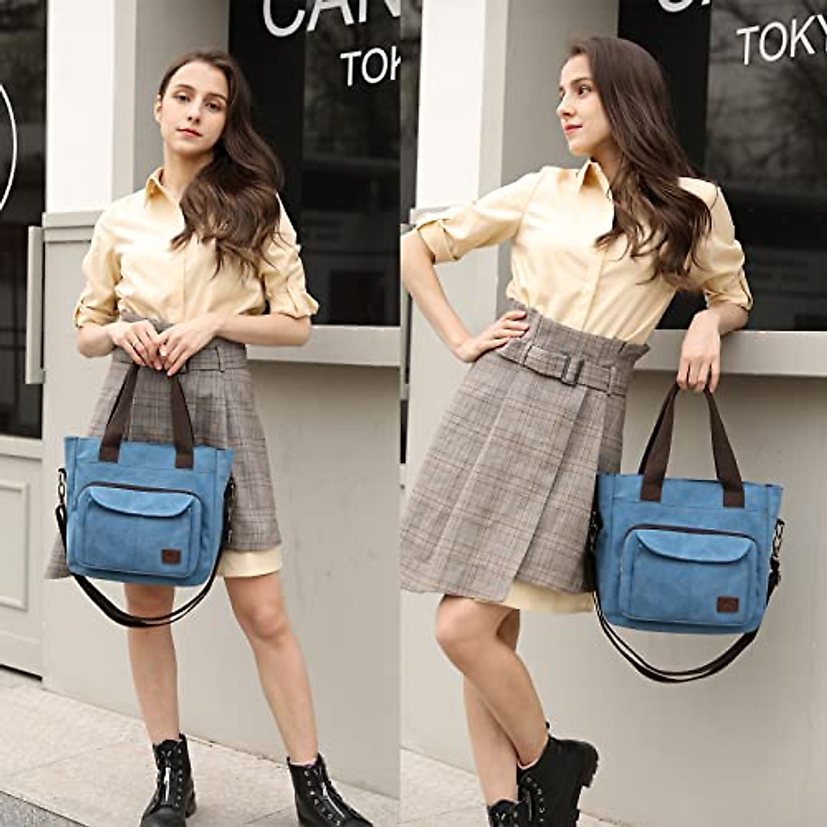 Women's Canvas Shoulder Crossbody Bag Small Tote Purse Multi-pocket Work Bags Top Handle Handbag (Blue)