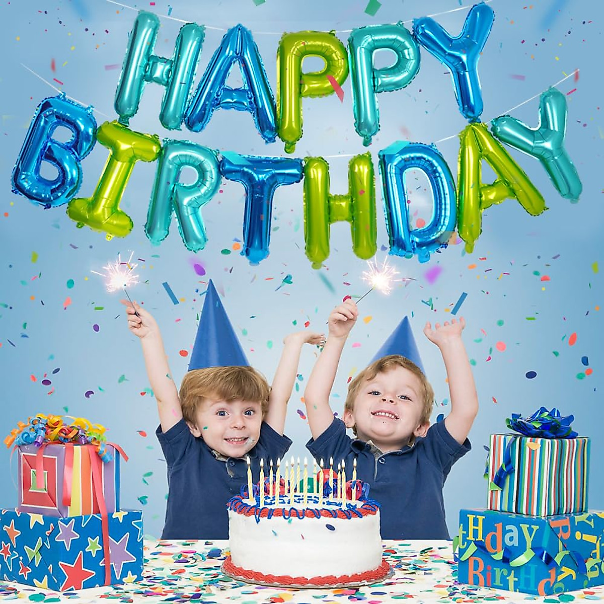 Party Era Blue and Green Happy Birthday Balloon Banner, 16 Inch 3D Aluminum Foil Birthday Sign, Teal Happy Birthday Letters for Girls Boys Women Men Birthday Bunting