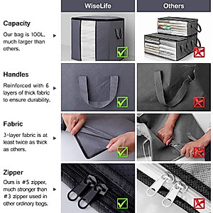 WISELIFE Storage Bags [3 Pack/100L] Large Blanket Clothes Organization and Storage Containers for Comforters,Bedding, Foldable Organizer with Reinforced Handle, Clear Window, Sturdy Zippers,Gray