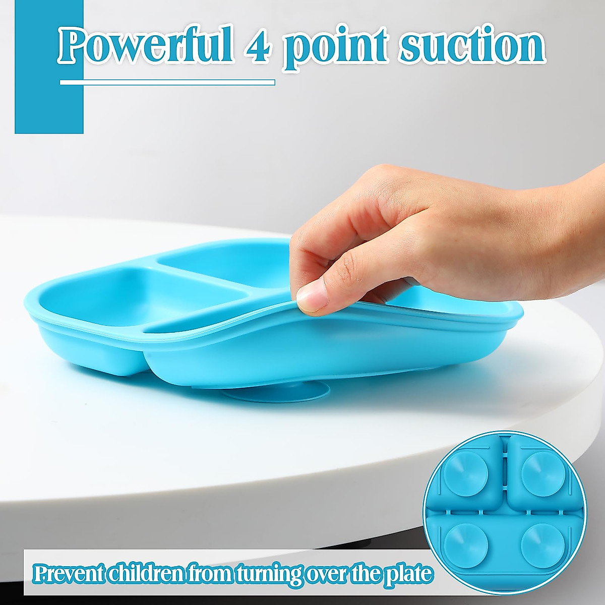 Dandat 6 Pack Powerful Suction Plates for Toddler Baby 100% Food Grand Silicone Microwave and Dishwasher Safe with Self Feeding Spoon Fork Utensils Set Divided Plates for Boys Girls (Bright Colors)