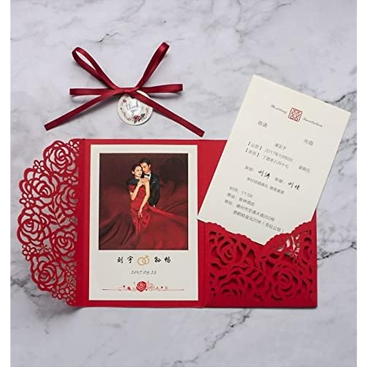 Cylallen 20sets 4.9x 7 inch Rose Laser Cut Wedding Invitation Jacket Pocket for Quinceanera Bridal Shower Baby Shower Party Dinner Invite (Red)