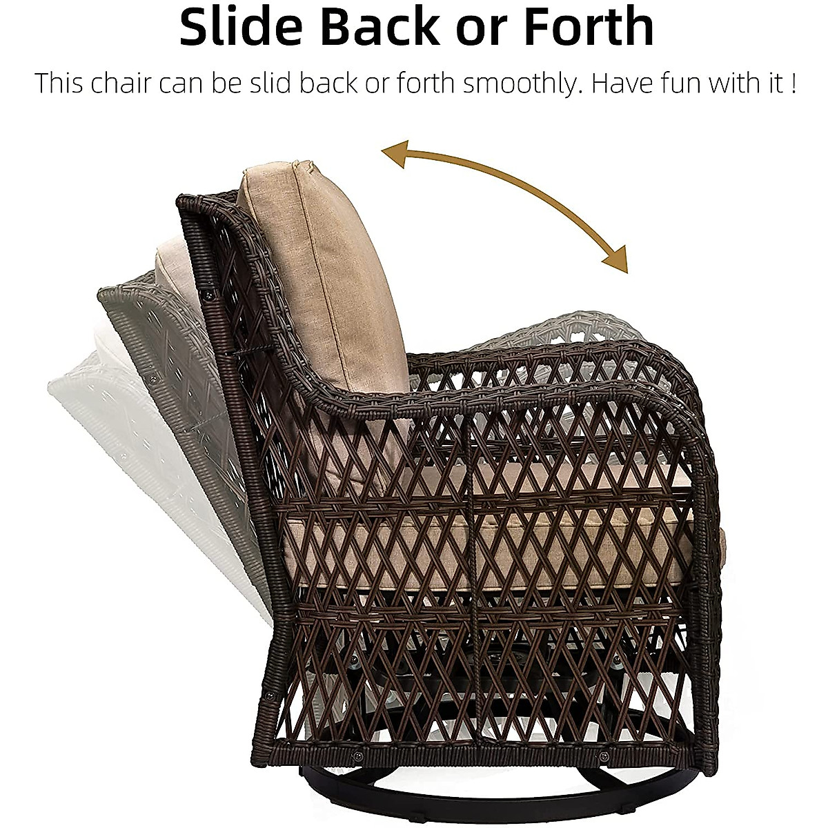 Amyove 3 Pieces Outdoor Wicker Swivel Patio Set, 360° Swivel Rocking Patio Chairs of 2 with Side Table and Fabric Cushions for Outside, Yard, Garden, Balcony (Beige)