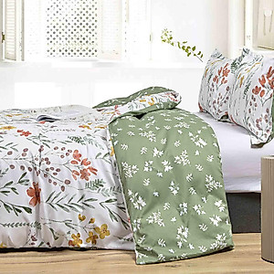 Floral Duvet Cover King Size - White Yellow Flowers and Green Leaf Spring Botanical Printed Microfiber Comforter Cover Set - 3PC 104X90 Soft and Lightweight Quilt Cover, Farmhouse Style for Women Men