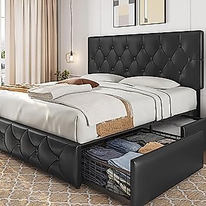 Yaheetech King Size Upholstered Bed Frame with 4 Drawers and Adjustable Headboard, Faux Leather Platform Bed with Mattress Foundation Strong Wooden Slats Support, No Box Spring Needed, Black