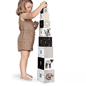 Wee Gallery Nesting Blocks - Baby Animals and Numbers - Black and White Stacking and Building Toy for Toddlers and Kids - Motor Skills, Creative Play and Problem Solving for Children (Ages 2 and up)