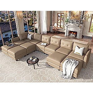 LLappuil Oversized Modular Sectional Sofa with Storage, Faux Leather Fabric U Shaped Sectional with Chaise, 12 Seater Modular Sleeper Couch for Living Room, Cognac
