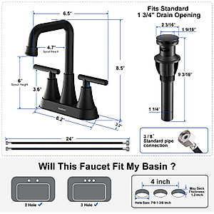 Matte Black Bathroom Sink Faucet, Hurran 4 inch Bathroom Faucets for Sink 3 Hole with Pop-up Drain and Supply Lines, Stainless Steel 2-Handle Centerset Faucet for Bathroom Sink Vanity RV Restroom