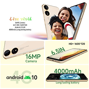HeyxFome X1 2024 New 4G LTE GSM Unlocked Cell Phone 6.5” HD+ Screen Mobile Phones 4000mAh Android 10 Smart Phone 16MP Smartphone Dual SIM (for T-Mobile Metro Mint Tello USA Market) Face Unlock (Gold)