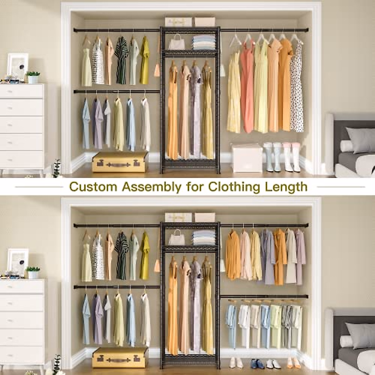 Ulif M3 Clothes Rack Closet Organizer and Storage System 3 Tiers Built-in Wall Mounted Heavy Duty Garment Rack with 4 Expandable Hanger Rods, Fits Space 4.3-9.3 ft, 72.2"H, Load Capacity 710LBS, Black