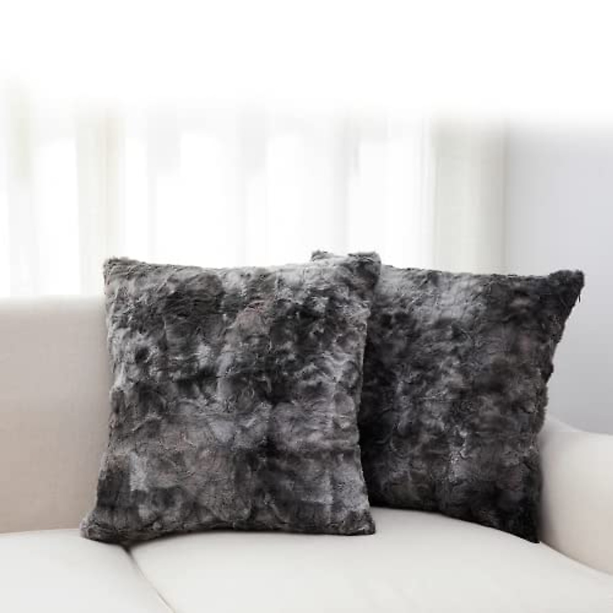 Cheer Collection Faux Fur Throw Pillow Set of 2 for Couch, Beds, Bedroom and Living Room - Ultra Soft and Cozy, Elegant Home Decor, Stylish Accent Pillows - 18" x 18", Gray & White