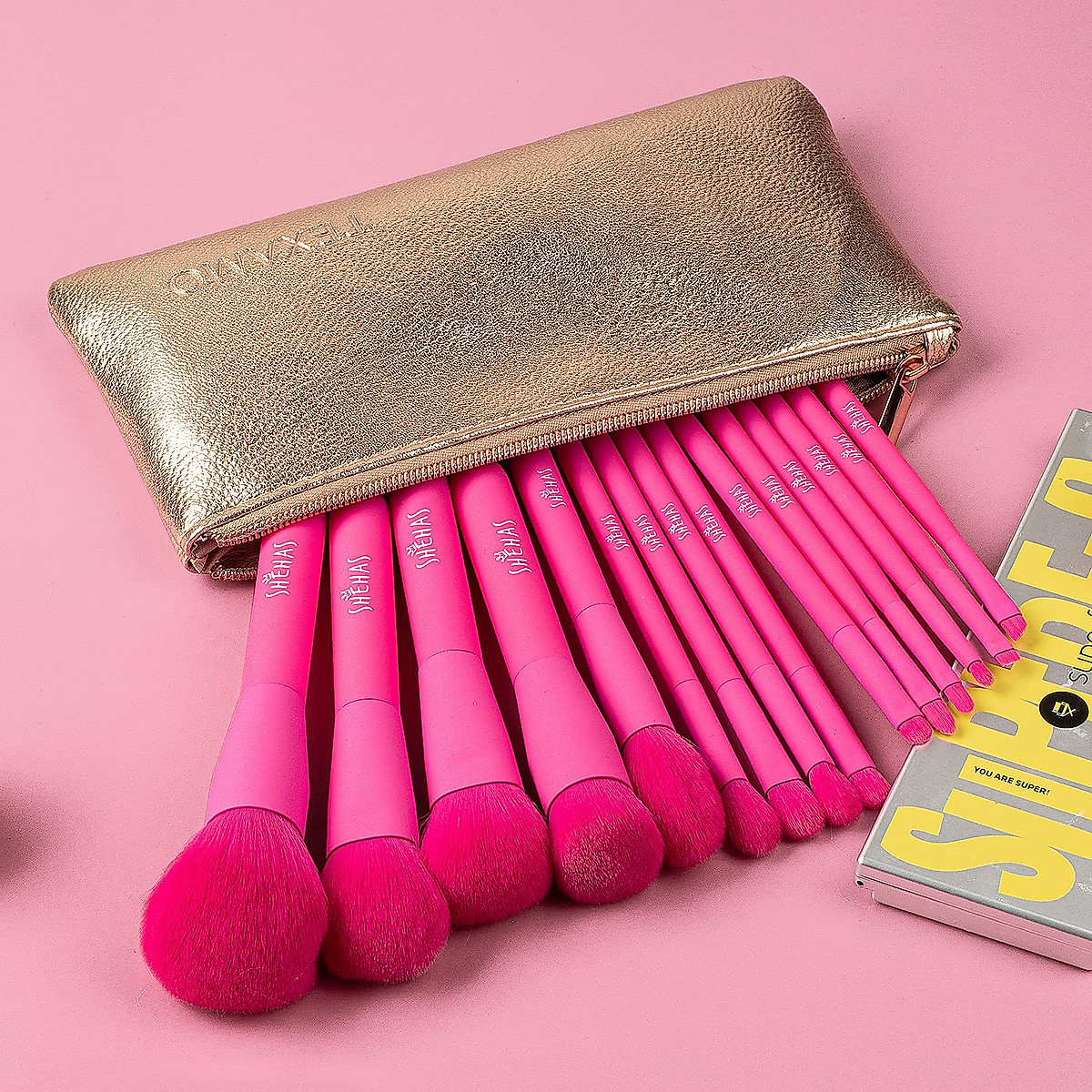 Makeup Brush Set, 15 Piece Quality Makeup Brushes, Premium Synthetic Make Up Brushes for Foundation Powder Blush Highlighter Concealer Makeup Brush Kit for Travel, Hot Pink