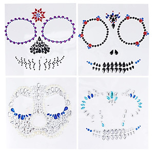 Lurrose Day of the Dead Skull Face Gems Jewels Tattoos, 4Pcs Rhinestone Halloween Jewels Tattoo Stickers for Halloween Festival Rave Party