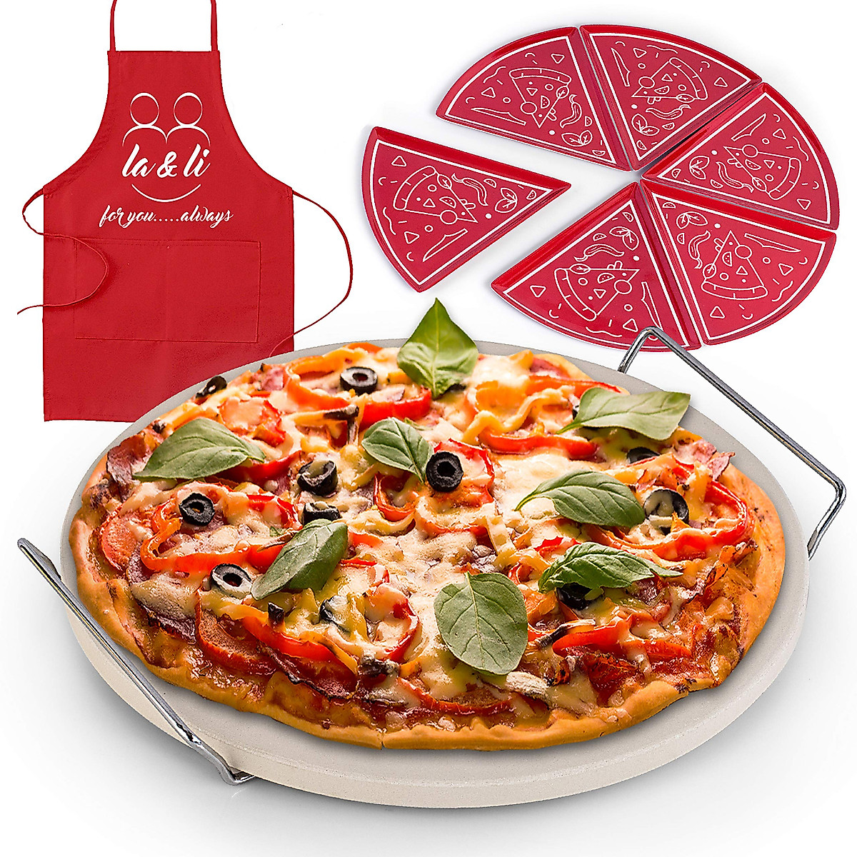 La & Li Pizza Stone for Grill and Oven - 13" Ceramic Round Oven Pizza Stone Set with Multipurpose Rack with Handles, 6 Plates, & Apron - Pizza Stone for Oven for Baking, Pizza, Bread, Cookies, & More
