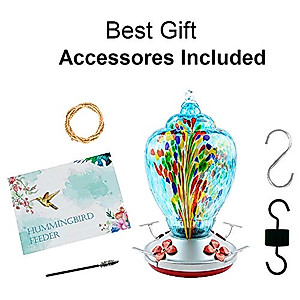 WOSIBO Hummingbird Feeder for Outdoors Patio Large 32 Ounces Colorful Hand Blown Glass Hummingbird Feeder with Ant Moat Hanging Hook, Rope, Brush and Service Card (Blue-Firework)