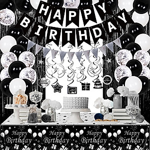 Birthday Decorations Black and White for Men Women, 74Pcs Happy Birthday Balloons Set for Boys Girls with Bday Tablecloth Fringe Curtains Swirls for 16th 18th 21st 30th 35th 40th 45th 50th 60th 70th
