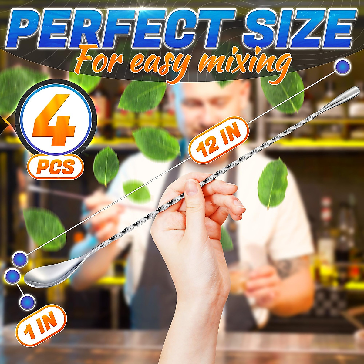 4Pcs Bar Spoon Cocktail Mixing Spoon - 12" Drink Mixer Metal Spoons Cocktail Stirrers Long Spoons for Stirring Spoons Set Cocktail Spoon Long Handle - Christmas Cocktail Mixers Long Spoon Bar Spoons