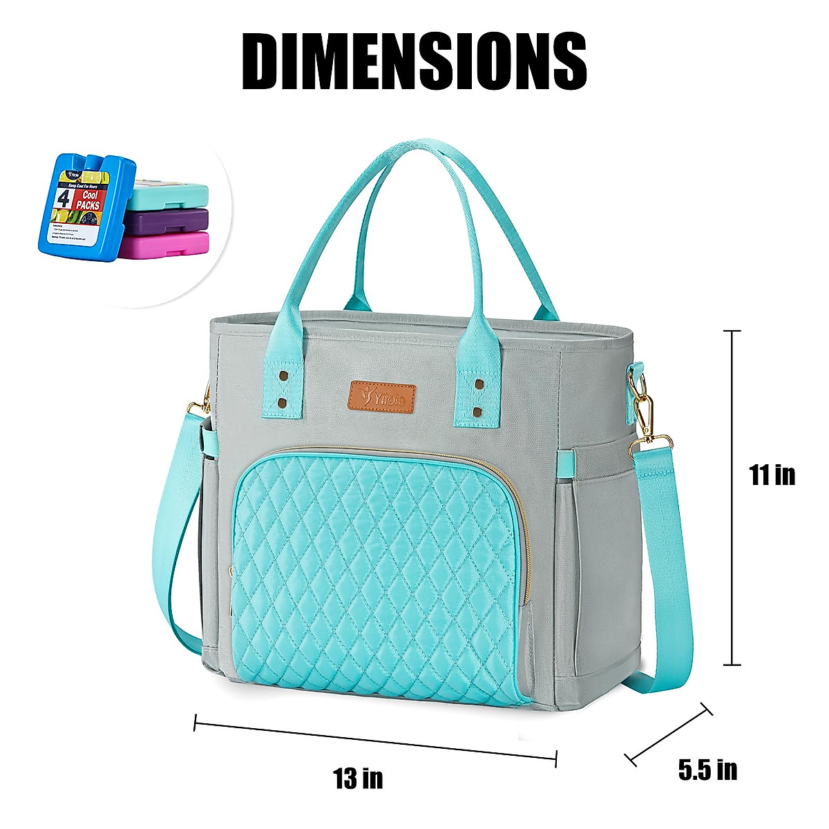 Yitote Cute Lunch Bag with Bottle Holder For Women Insulated with 4 Icepacks, ,Lunch Box with Adjustable Shoulder Strap For Work (Green Gray)