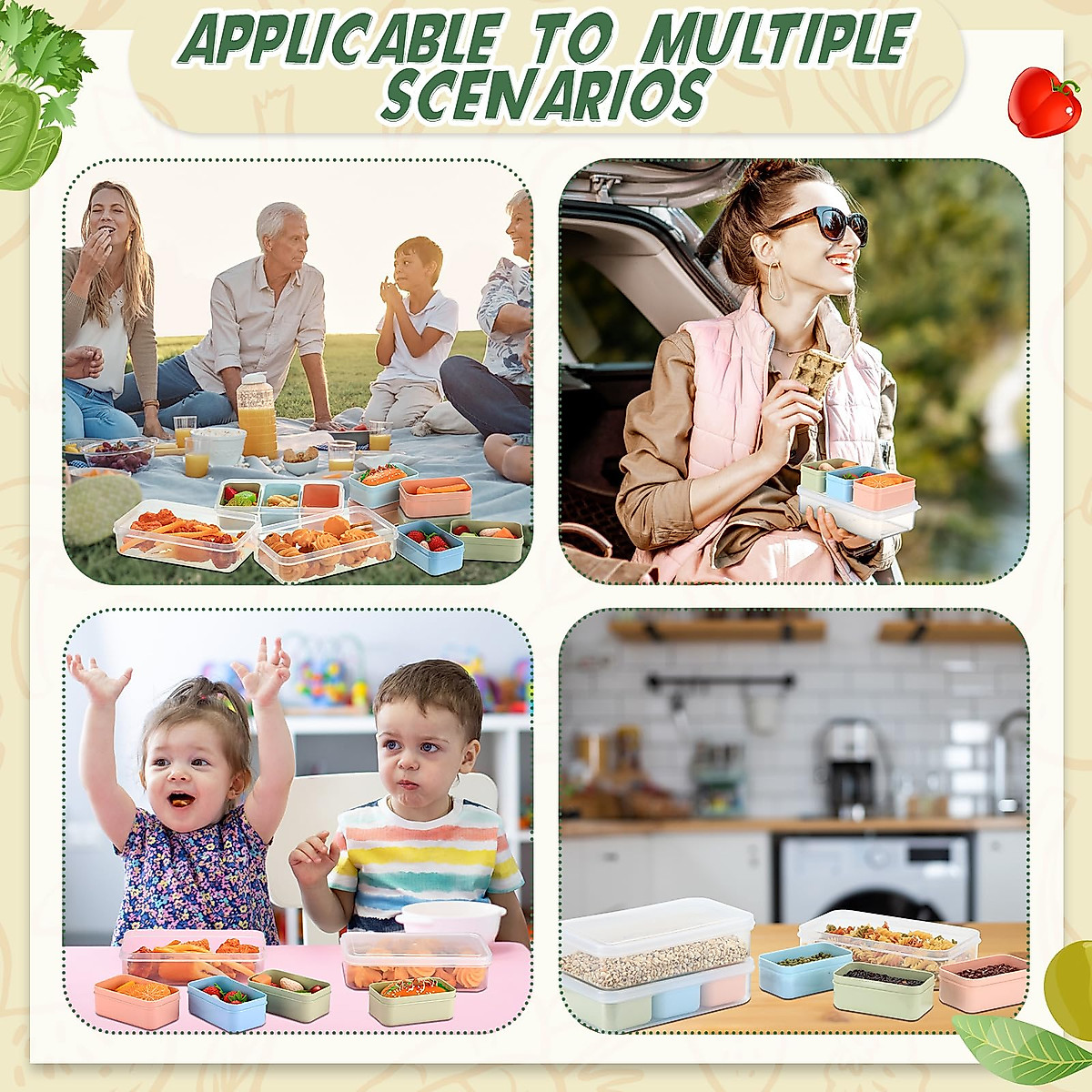 SiliFine 4 Set Snack Containers with 3 Removable Compartments Reusable Snack Box with Lids Stackable Meal Prep Containers for Fridge Charcuterie Candy Nuts Spice, Microwave Dishwasher Safe