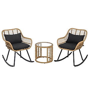 JOIVI 3 Piece Outdoor Rocking Chair Set, PE Wicker Patio Porch Furniture Set, Rocking Bistro Conversation Set with Glass Coffee Table and Black Cushions for Balcony, Garden, Front Porch, Indoor