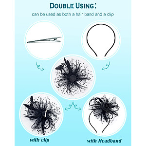 Bniksok Black Fascinator Hat for Women Tea Party Headpiece Horse Race Organza Headband Hair Clip Church Hat for Cocktail Wedding Halloween