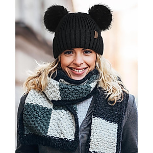 FURTALK Fleece Lined Cute Winter Beanie Hats for Women Girls Warm Knit Hats with Double Faux Fur Pom Poms