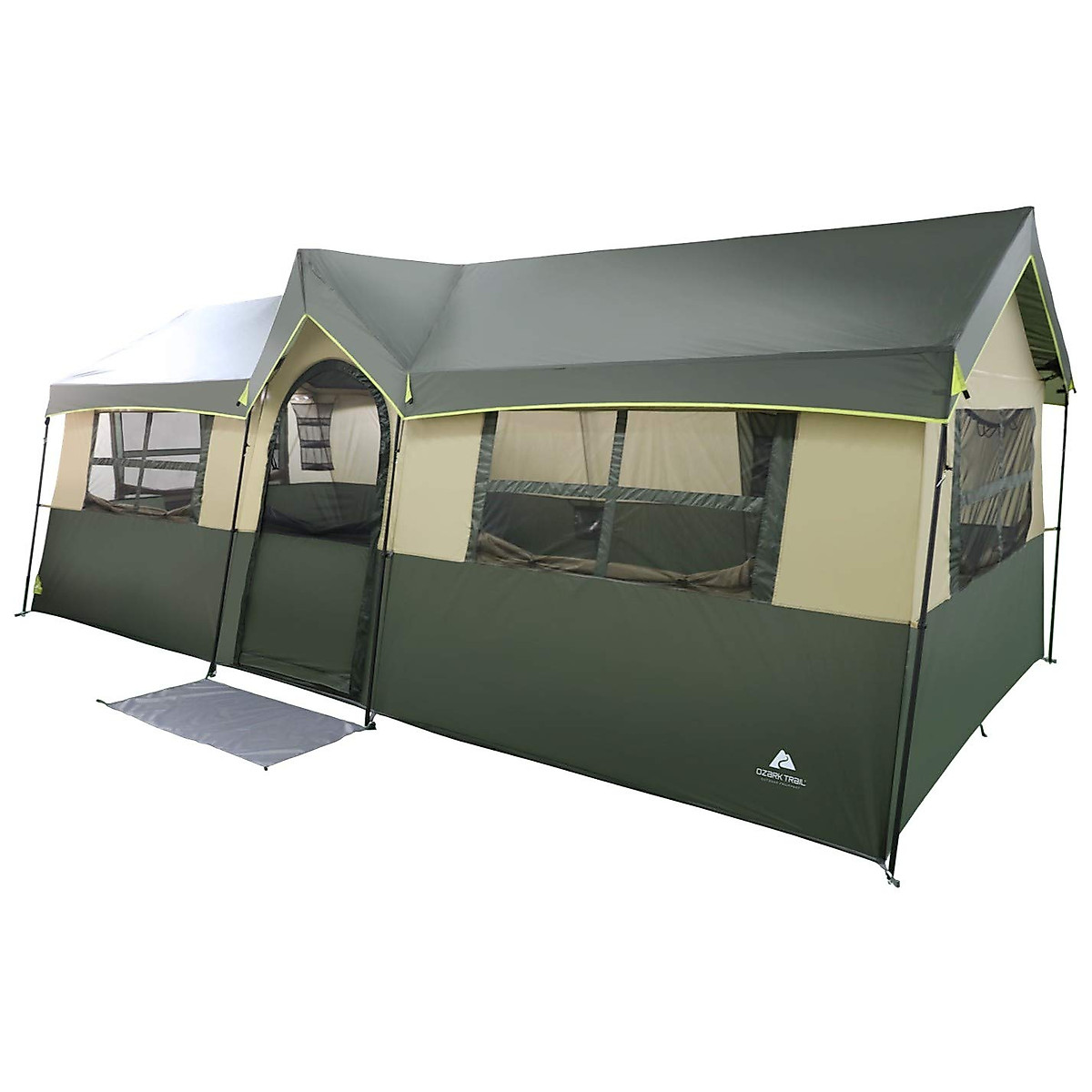 Spacious and Comfortable Ozark Trail Hazel Creek 12 Person Cabin Tent,with Two Closets with Hanging Organizers,Room Dividers,Mud Mat,E-Port and Rolling Storage Duffel for Convenience,Green